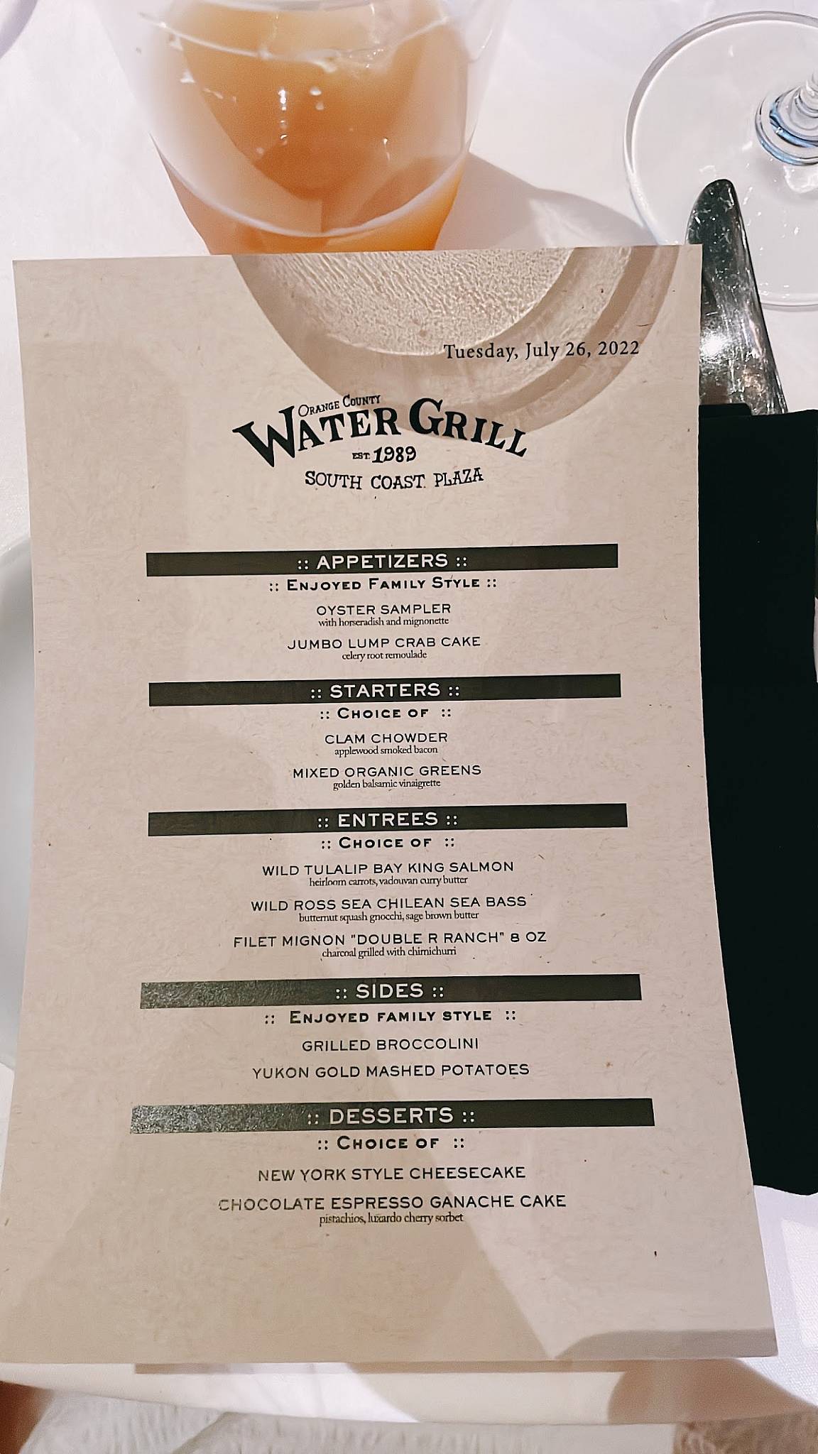 Menu at Water Grill restaurant, Costa Mesa