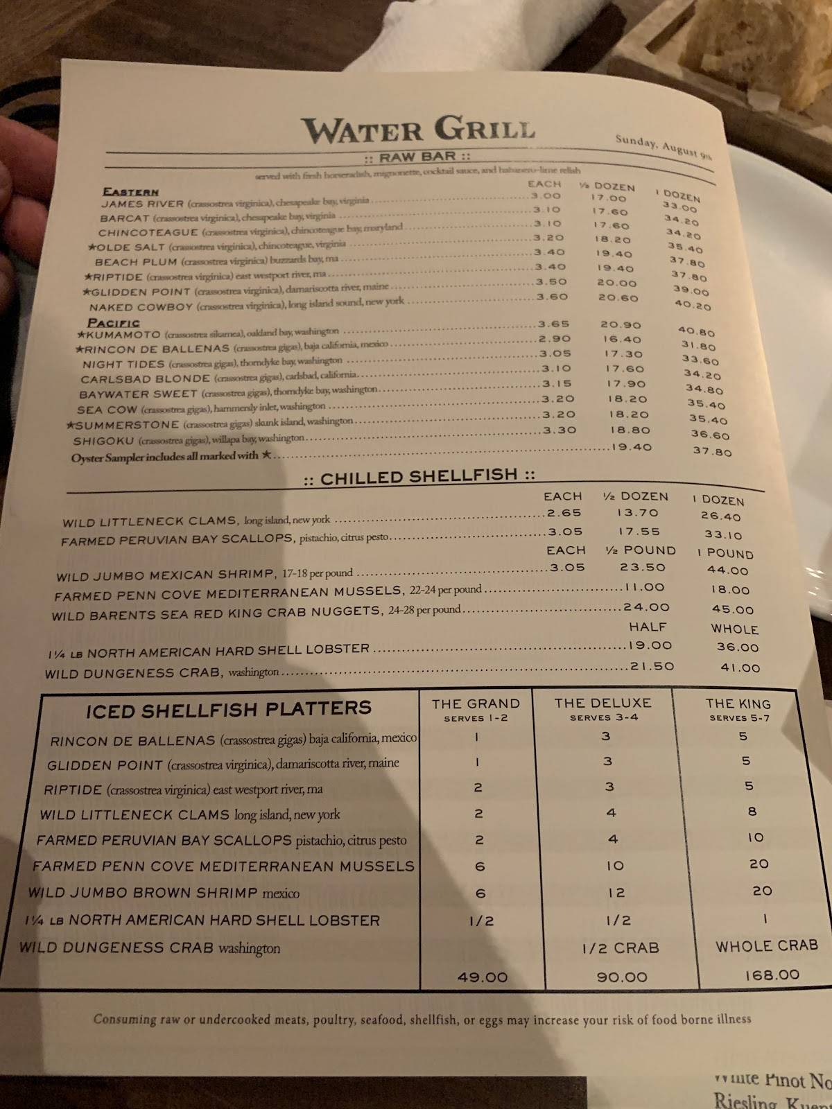 Menu at Water Grill restaurant, Costa Mesa