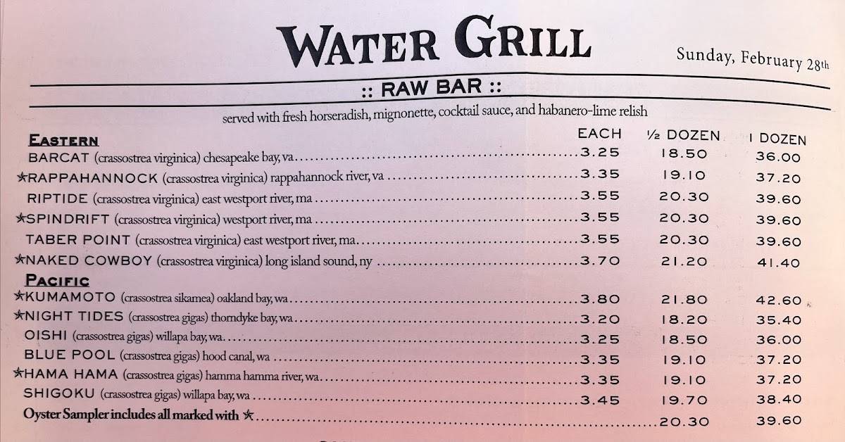 Menu at Water Grill restaurant, Santa Monica, Ocean Ave