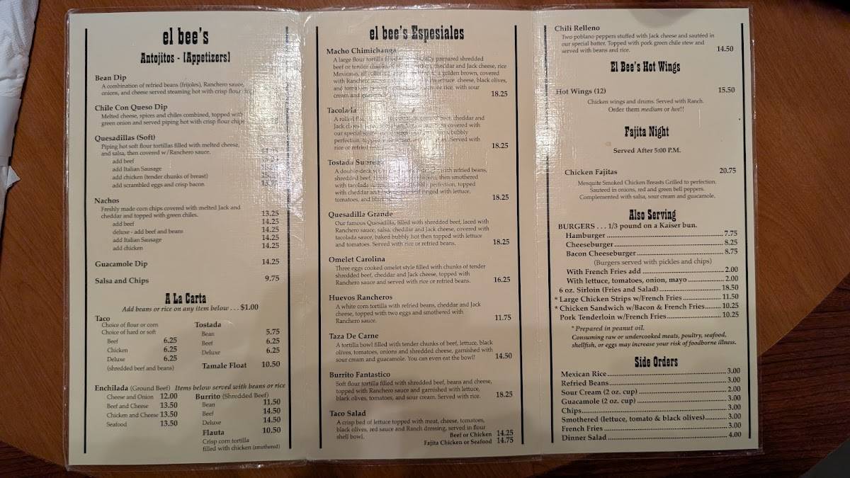Menu at El Bee's restaurant, Waterloo, N 240th St