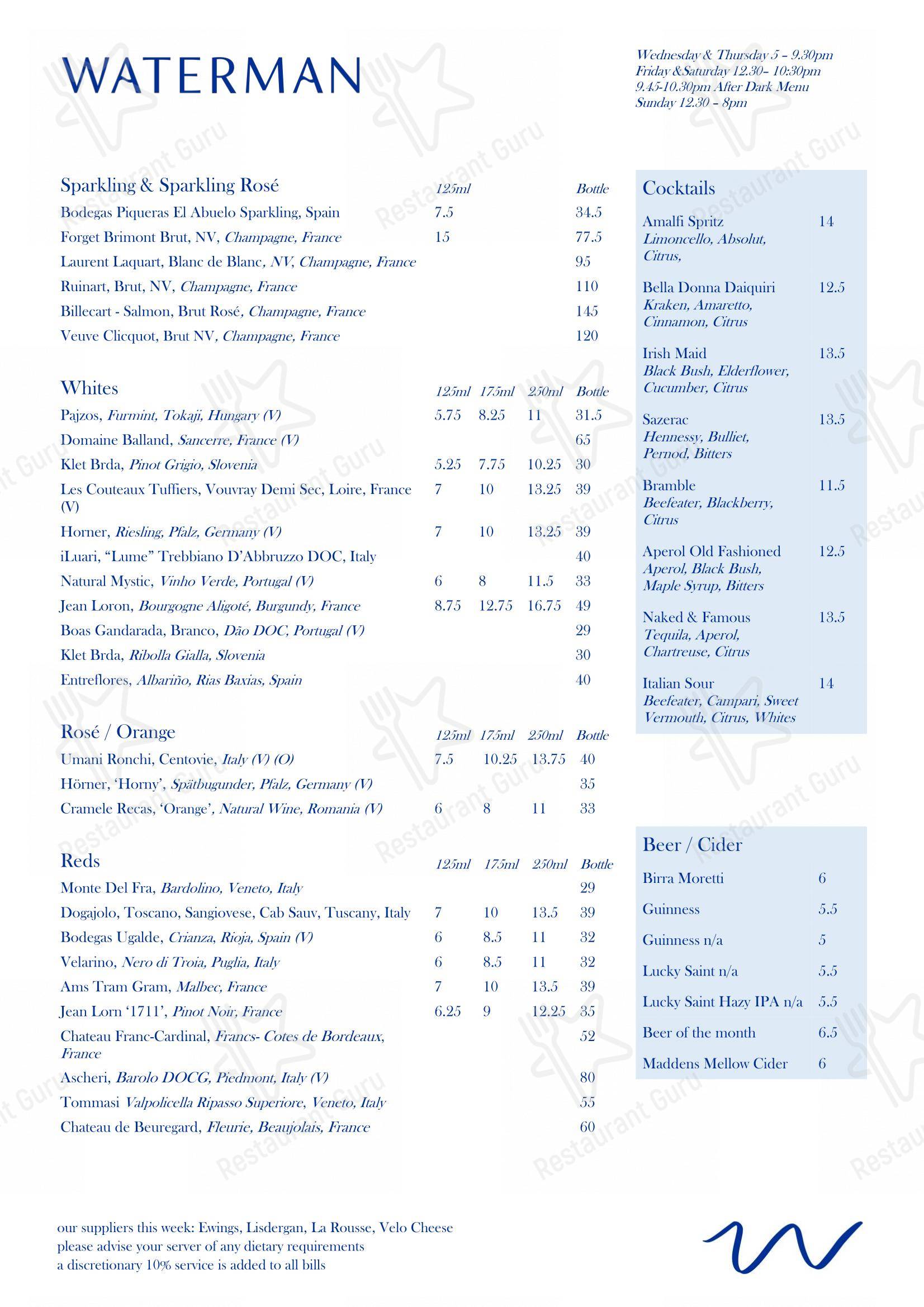 Menu at Waterman Restaurant, Belfast
