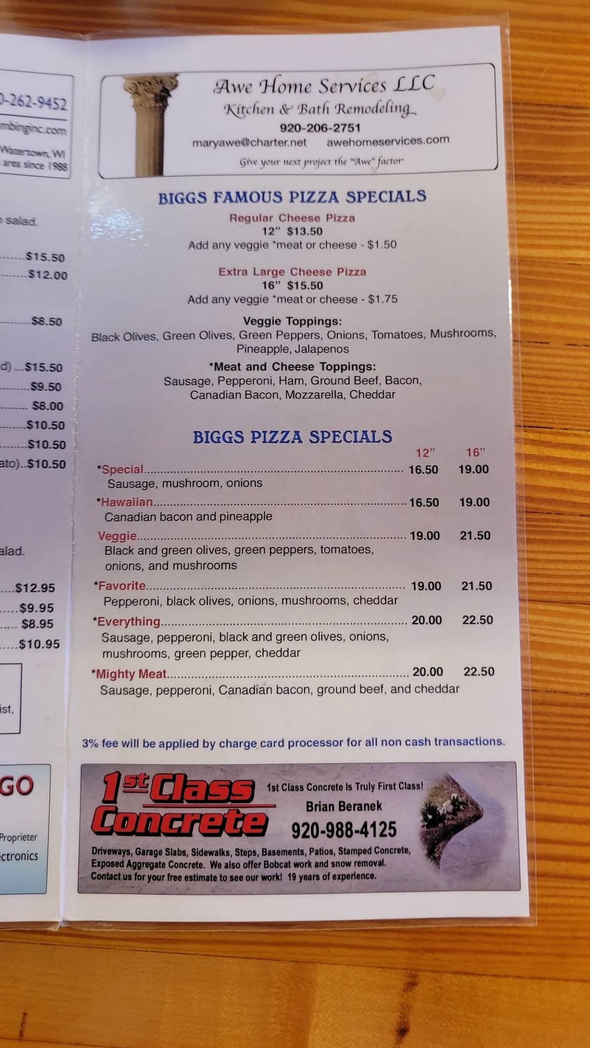 Menu at Bigg's Bar & Grill, Watertown
