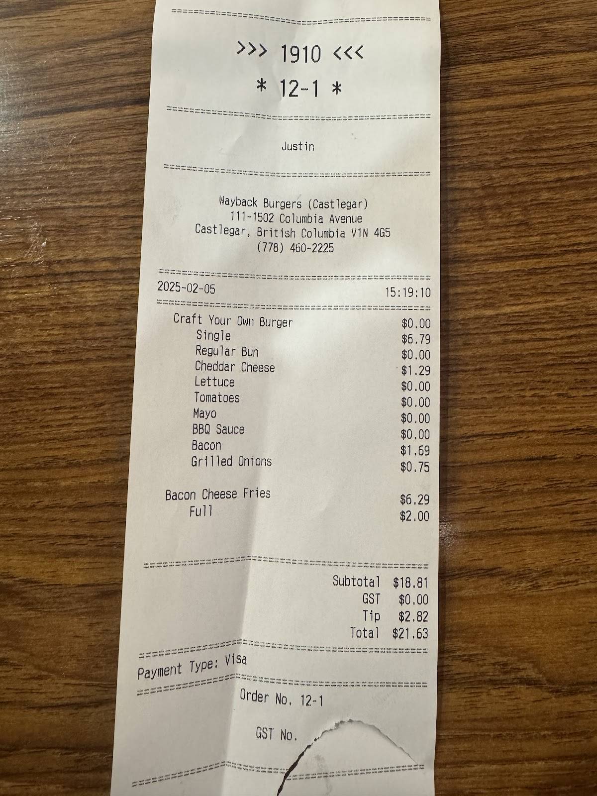 Menu at Wayback Burgers restaurant, Castlegar