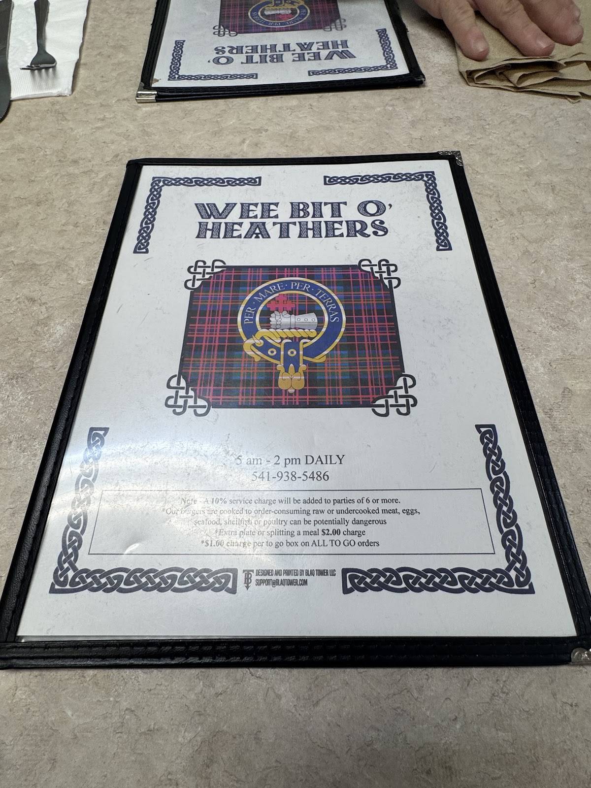 Menu at Wee Bit O'Heather restaurant, Milton-Freewater, N Columbia St