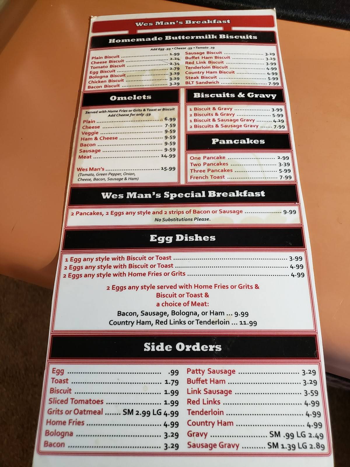 Menu at Wes-Man’s Restaurant, White