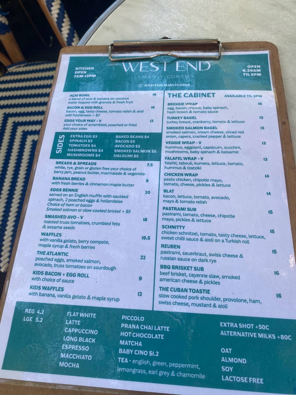 Menu at West End Manly Corso cafe, Manly