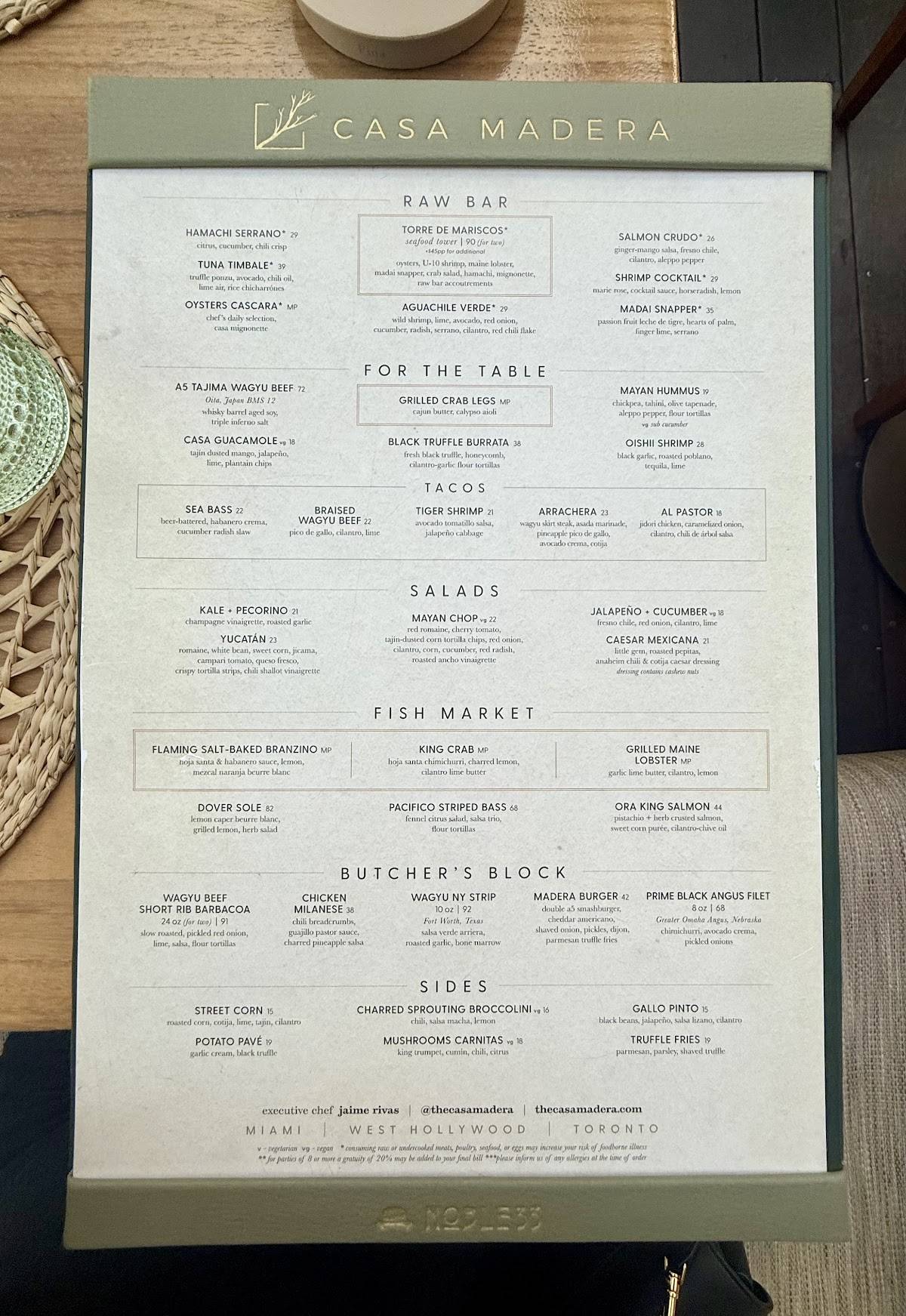 Menu at Casa Madera West Hollywood restaurant, West Hollywood
