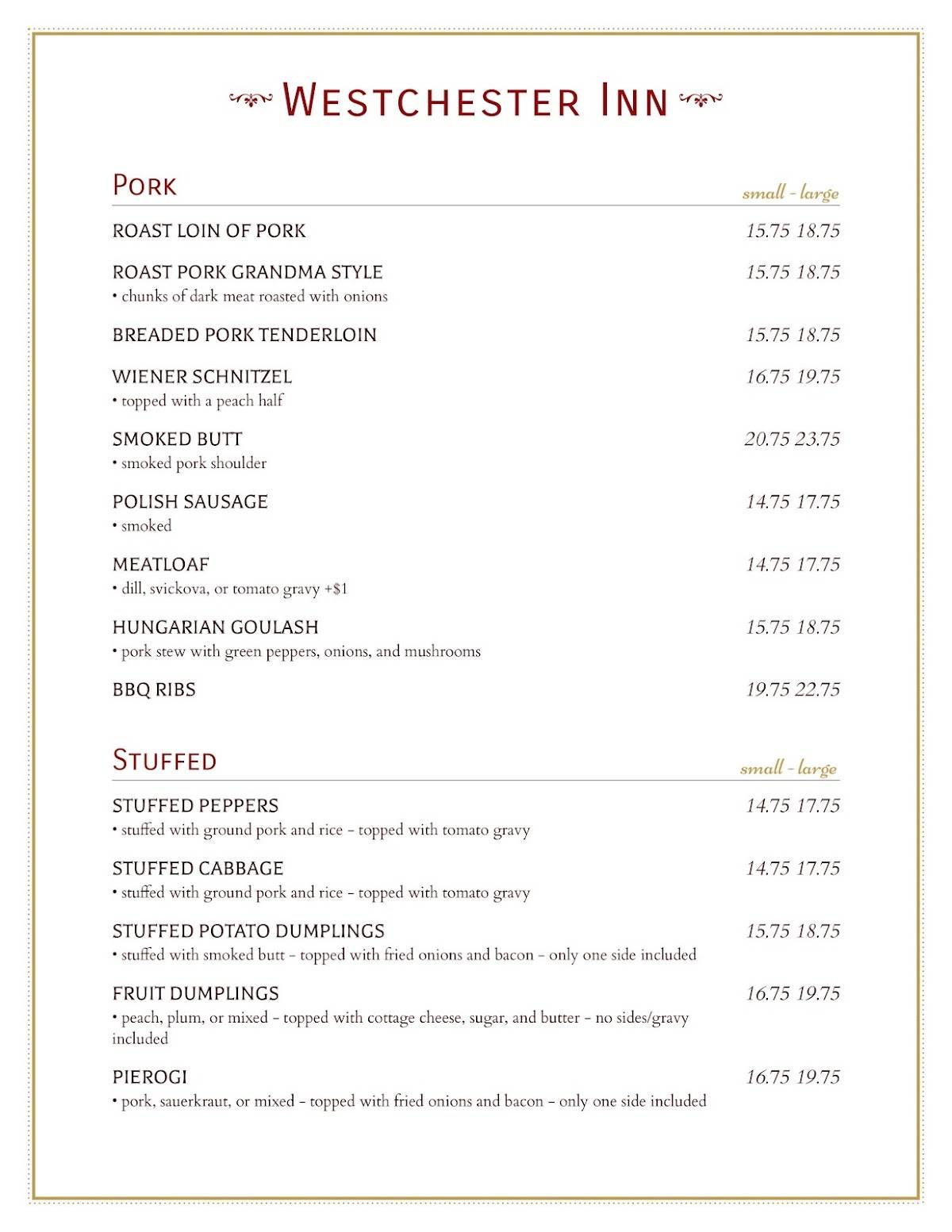 Menu at Westchester Inn restaurant, Westchester