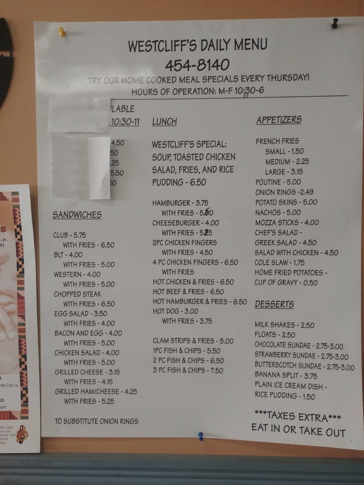 Menu at Westcliff Restaurant, Halifax