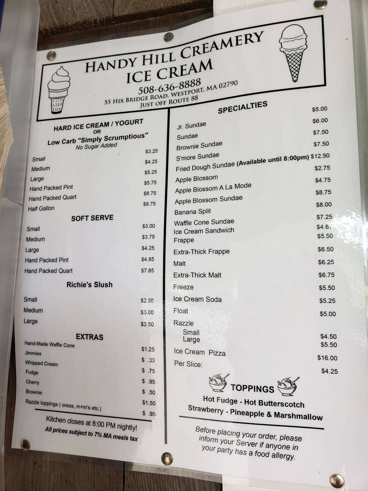Menu at Handy Hill Creamery fast food, Westport