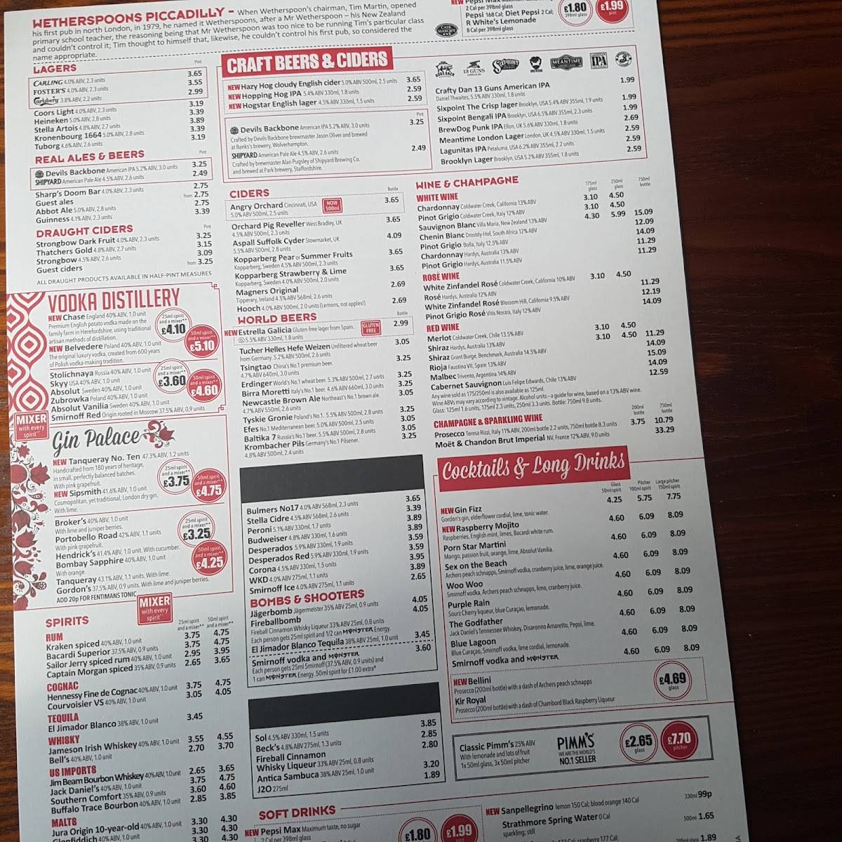 Menu at Wetherspoons pub & bar, Manchester, Piccadilly House