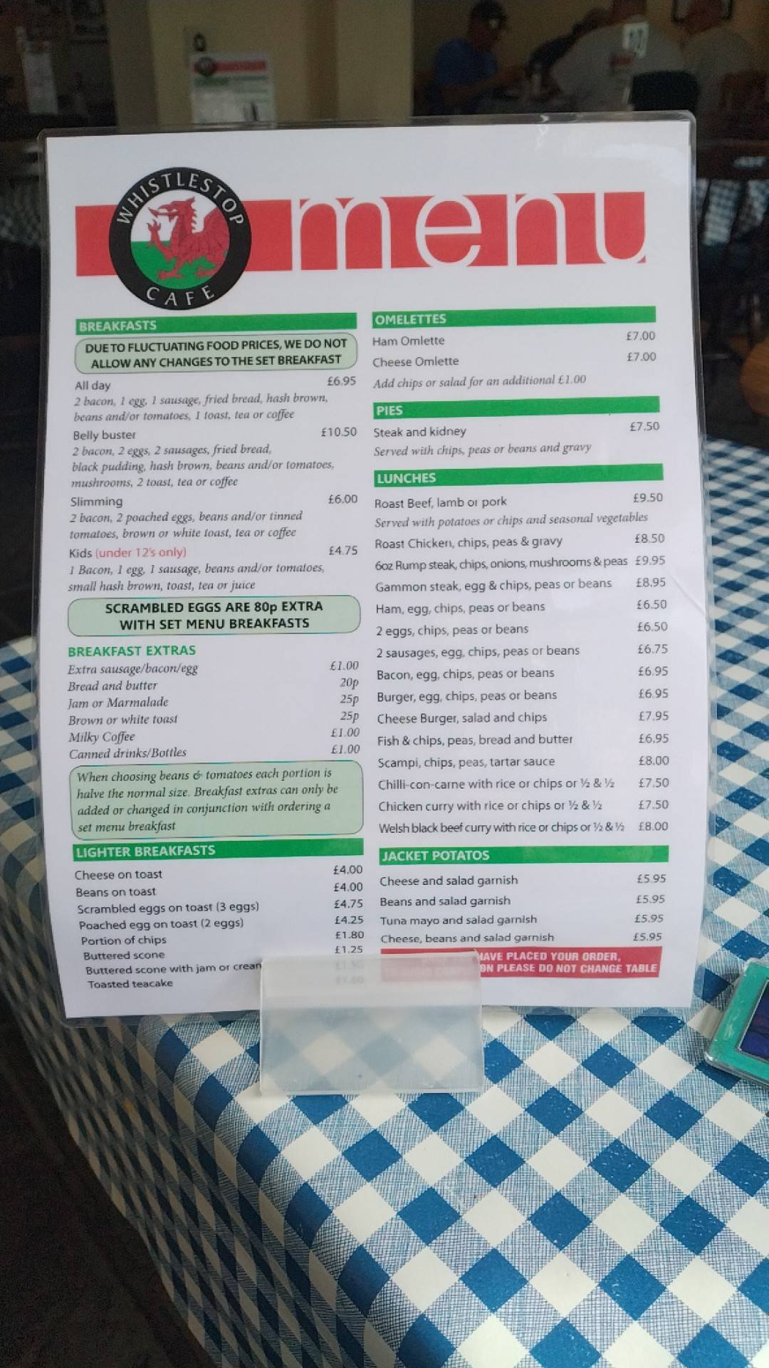 Menu at Whistlestop Cafe, Rhuddlan
