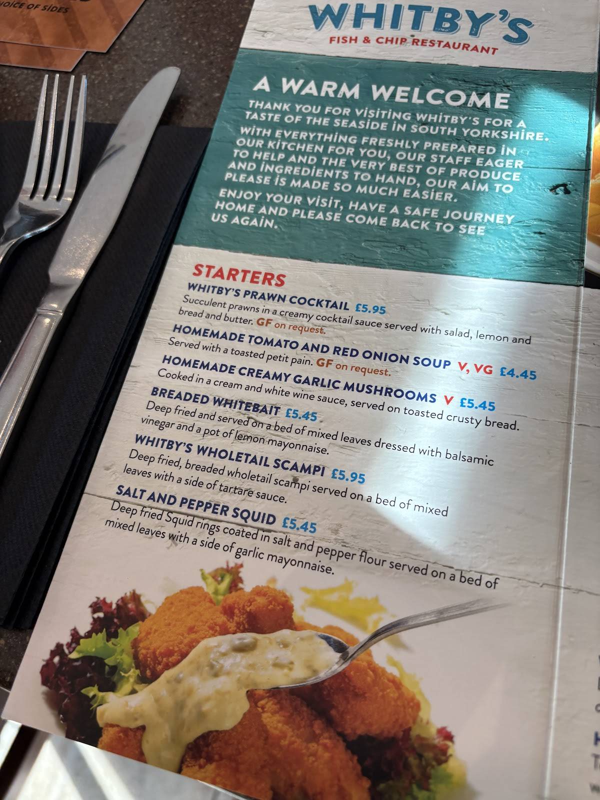 Menu at Whitby's Fish & Chip Restaurant, Doncaster
