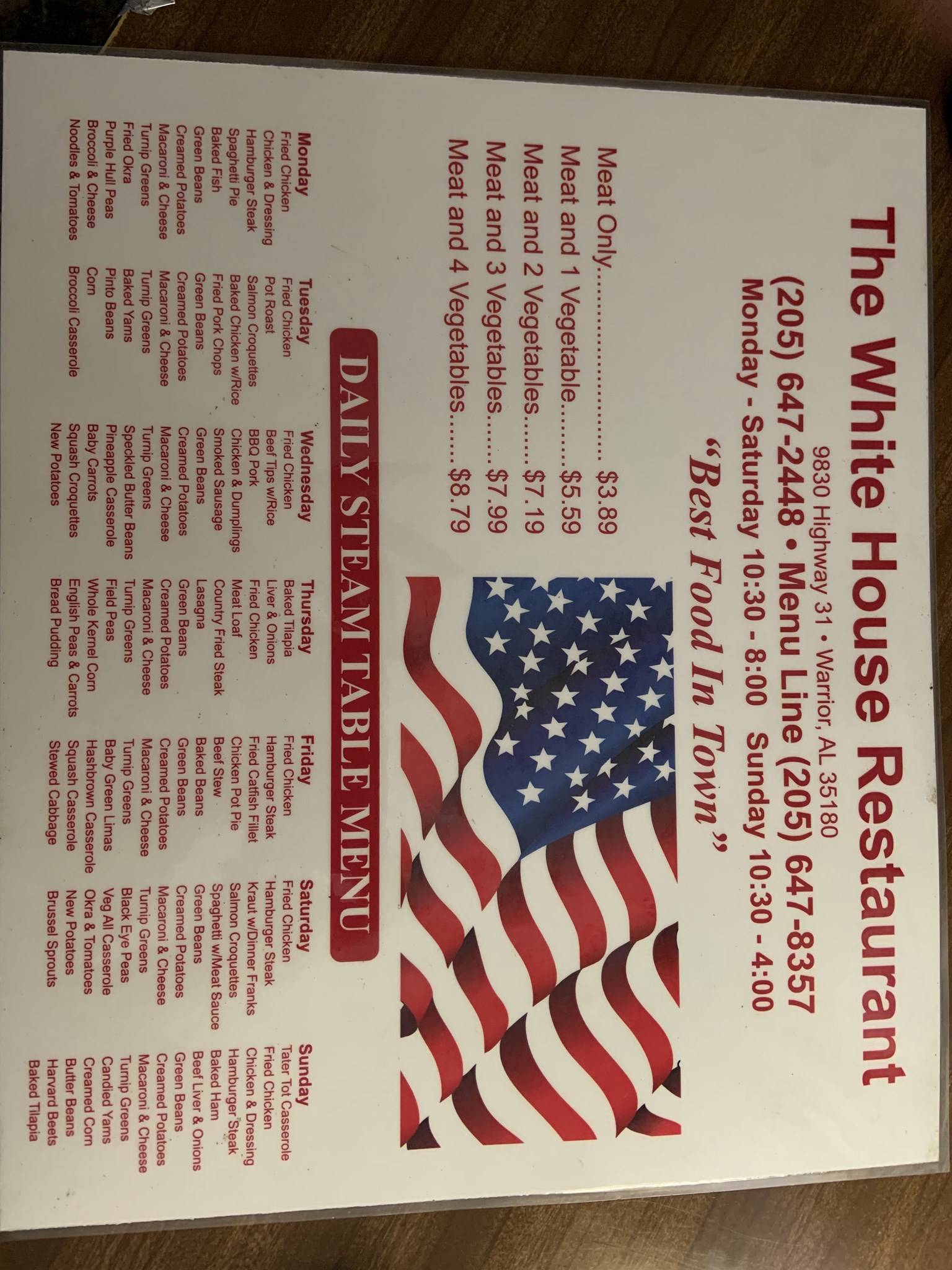 Menu at White House Restaurant, Warrior