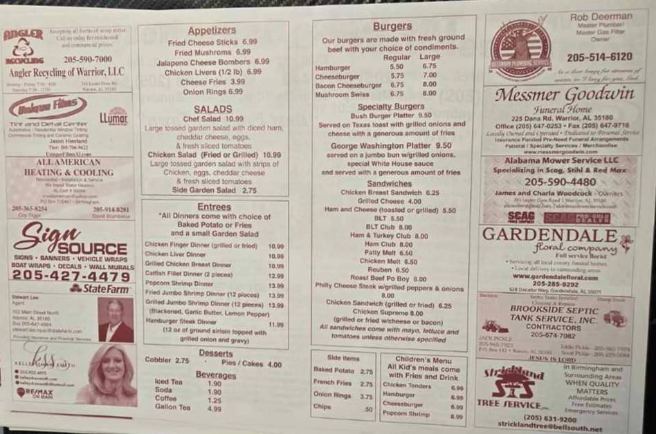 Menu at White House Restaurant, Warrior