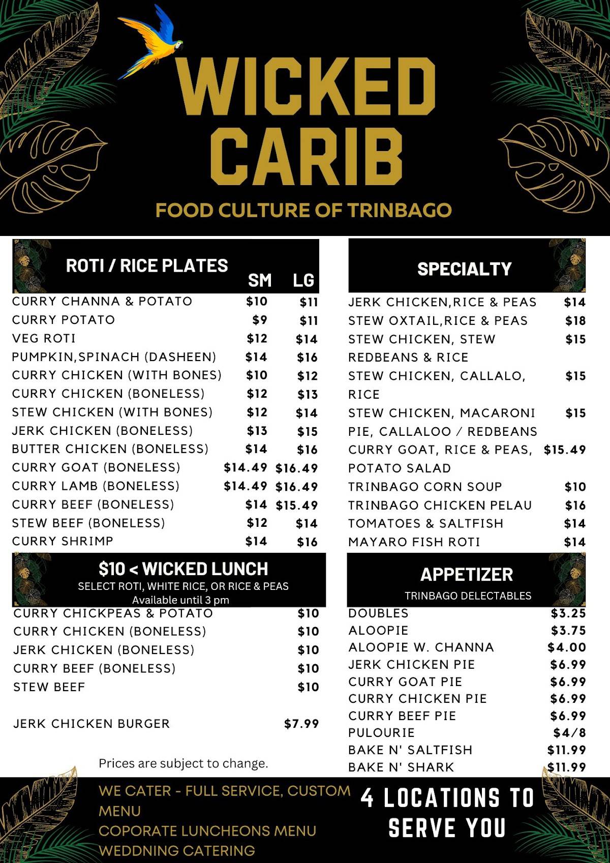 Menu at Wicked Carib, Caribbean Food Culture restaurant, Toronto