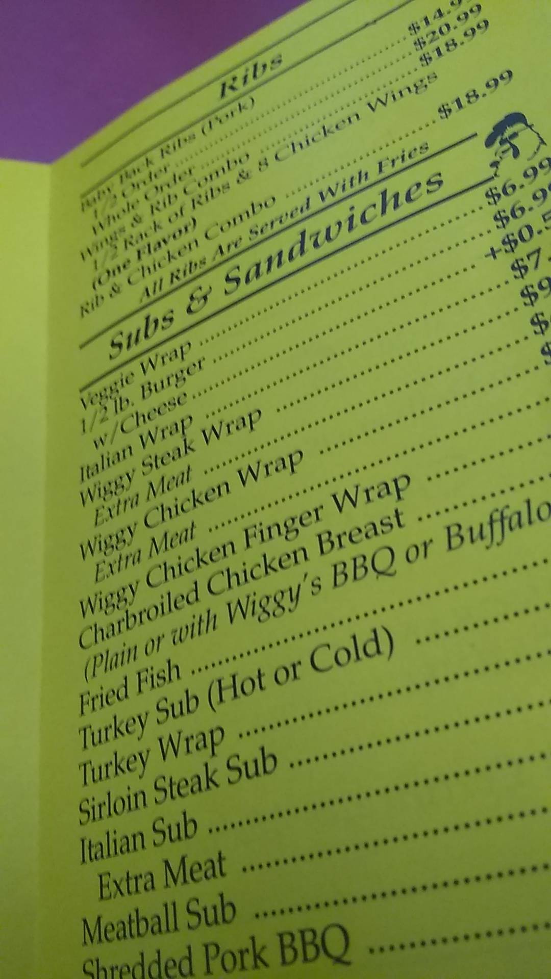 Menu at Wiggy’s restaurant, Pittsburgh