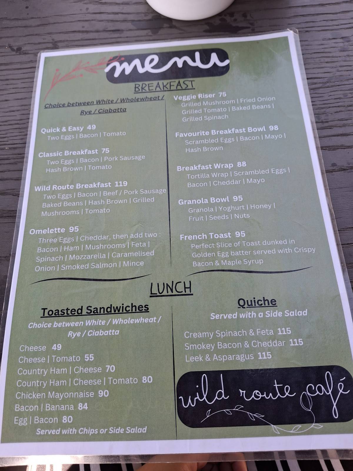 Menu at Wild Route Café restaurant, Pretoria