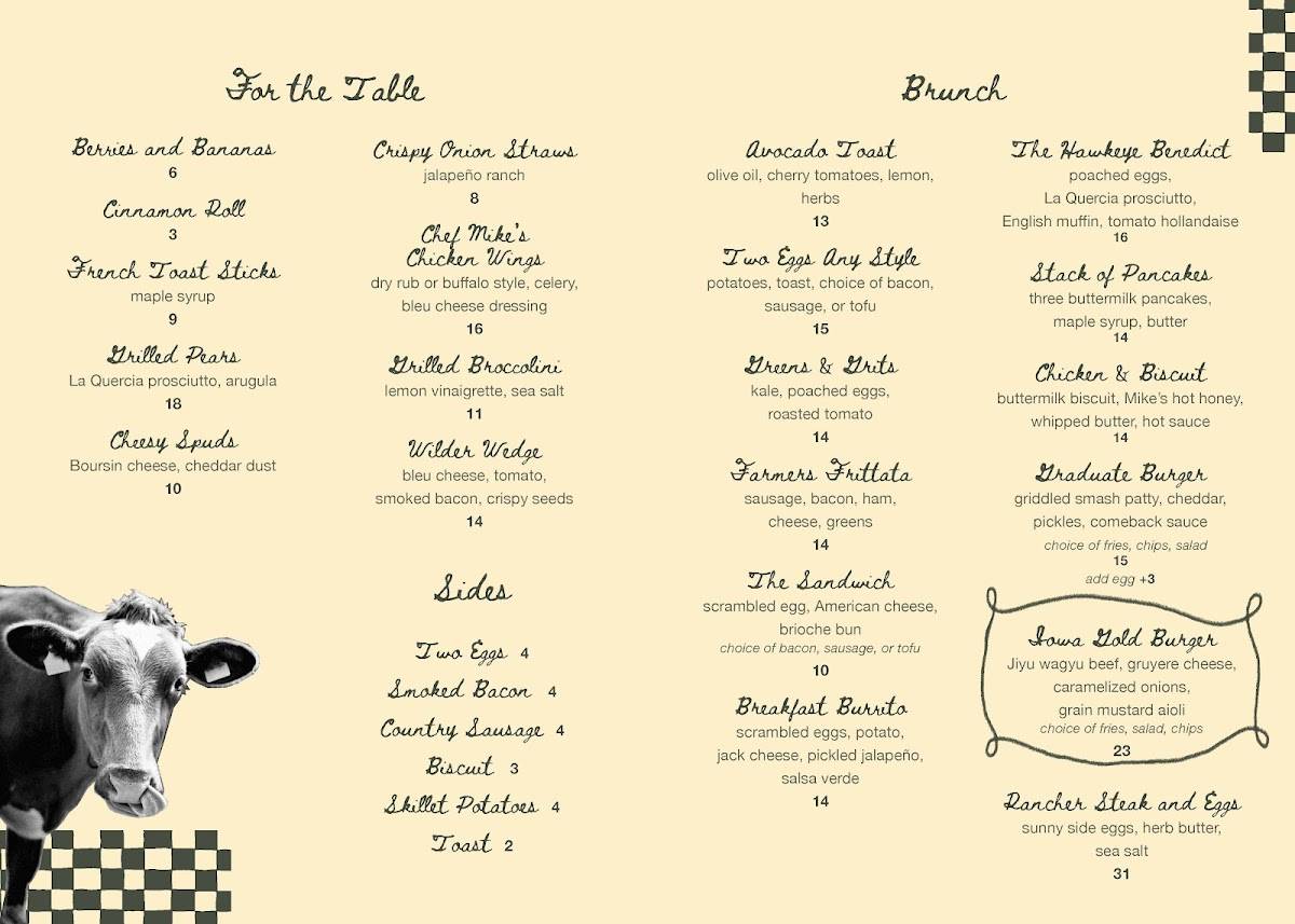 Menu at Wilder pub & bar, Iowa City