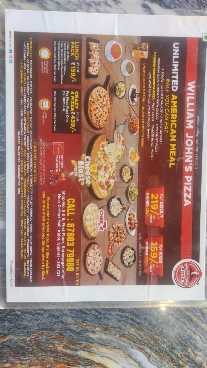 Menu at William John's Pizza, Kalol, Kalol
