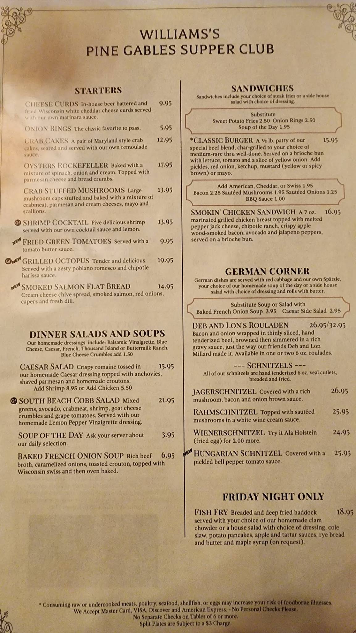 Menu at Williams's Pine Gables restaurant, Eagle River