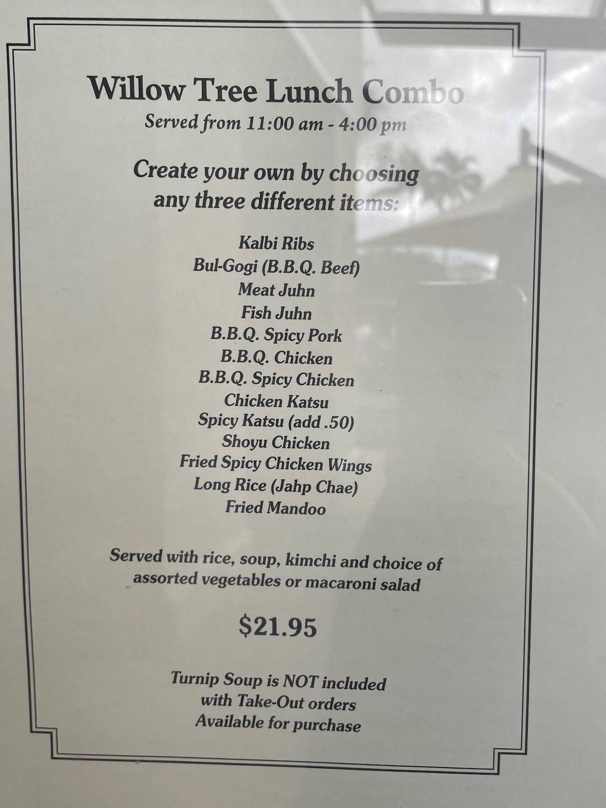 Menu at Willow Tree restaurant, Kailua