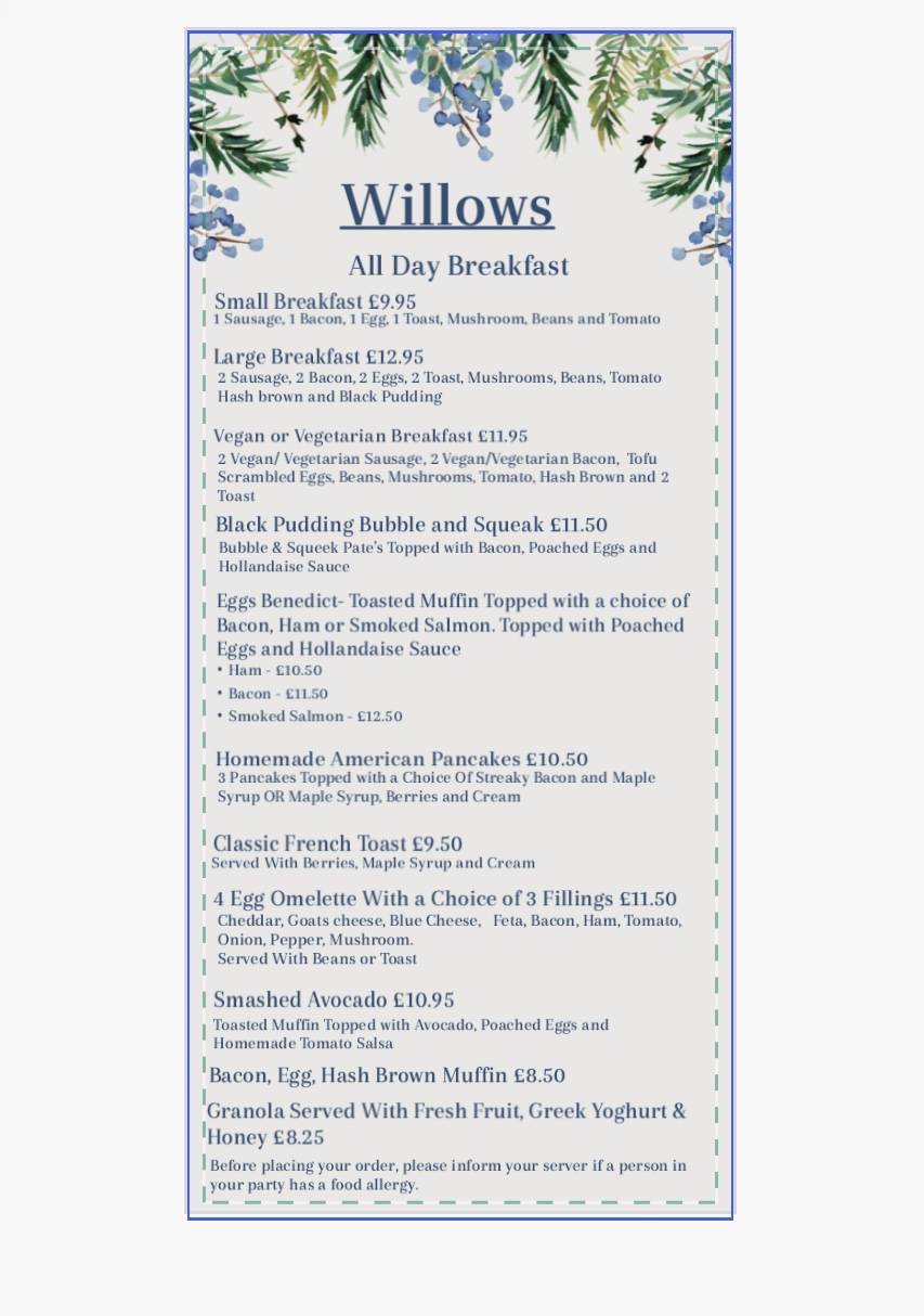 Menu at Willows bistro cafe, Rotherham