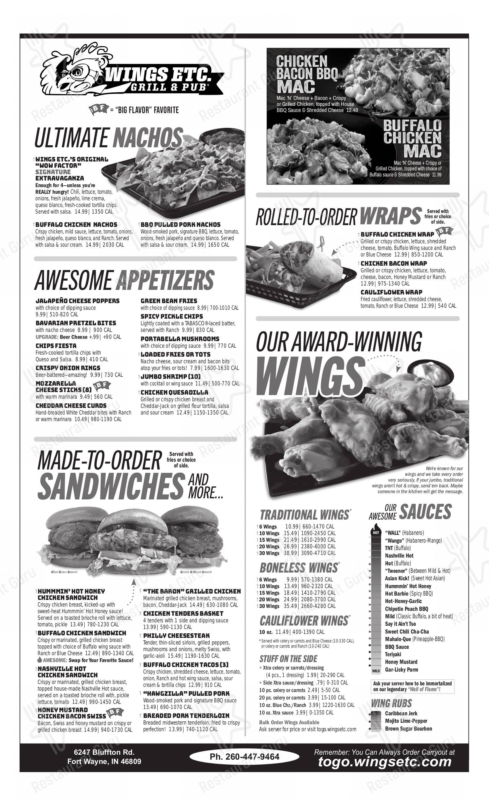 Menu at Wings Etc. pub & bar, Fort Wayne, Bluffton Rd