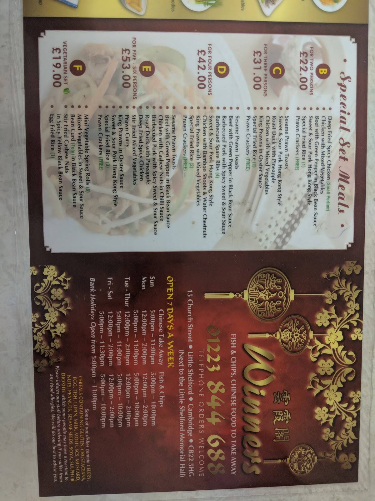 Menu at Winners fast food, Cambridge, 15 Church St