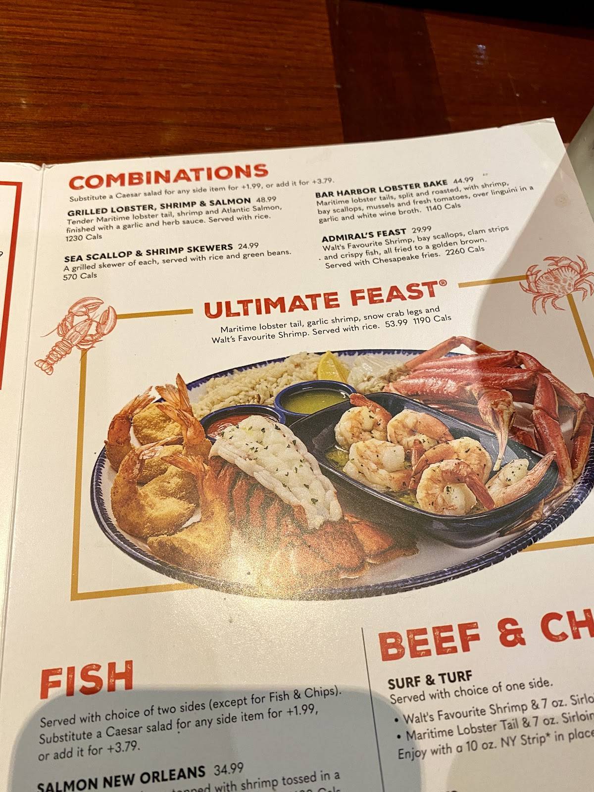 Menu at Red Lobster restaurant, Winnipeg, 1540 Portage Ave