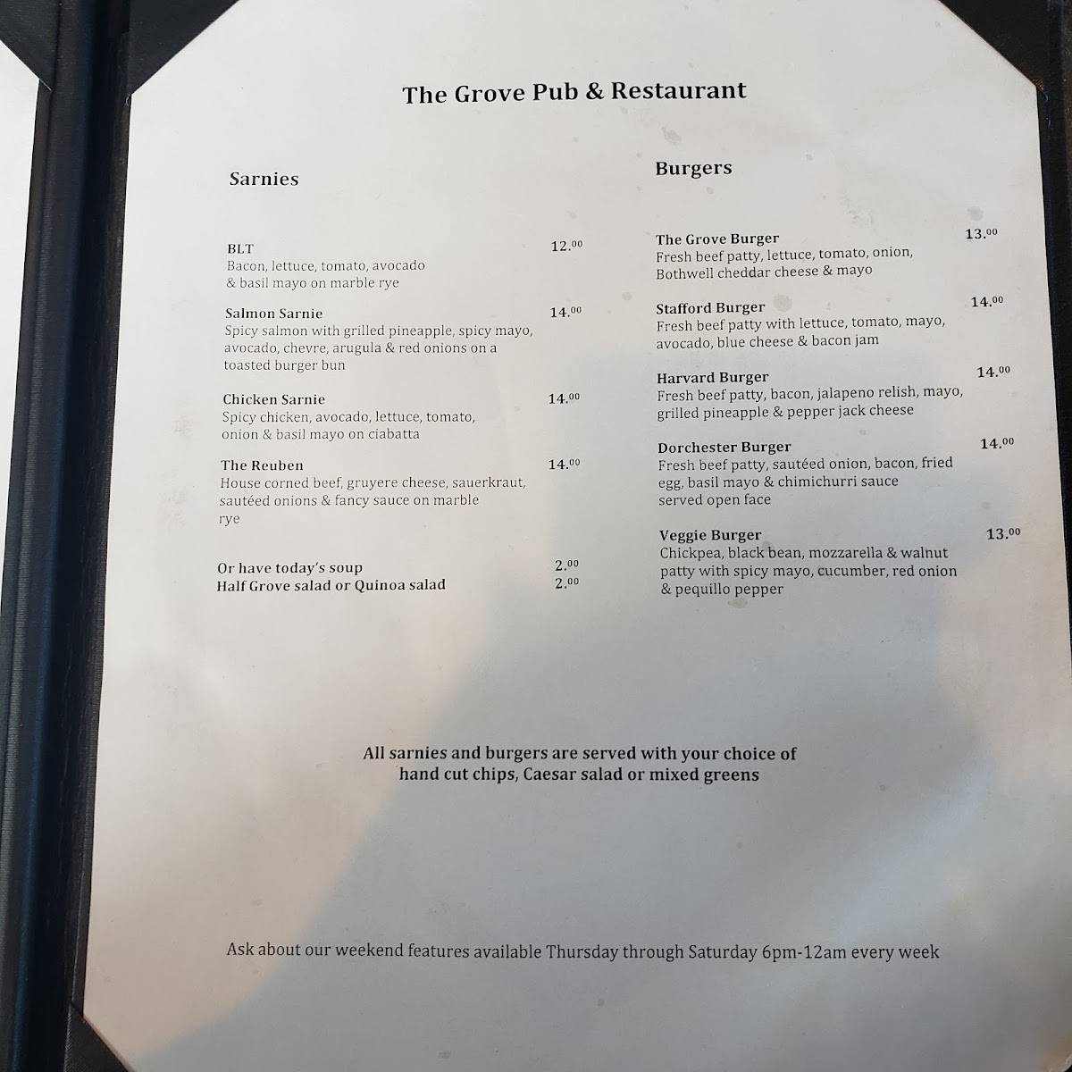 Menu at The Grove Pub & Restaurant, Winnipeg
