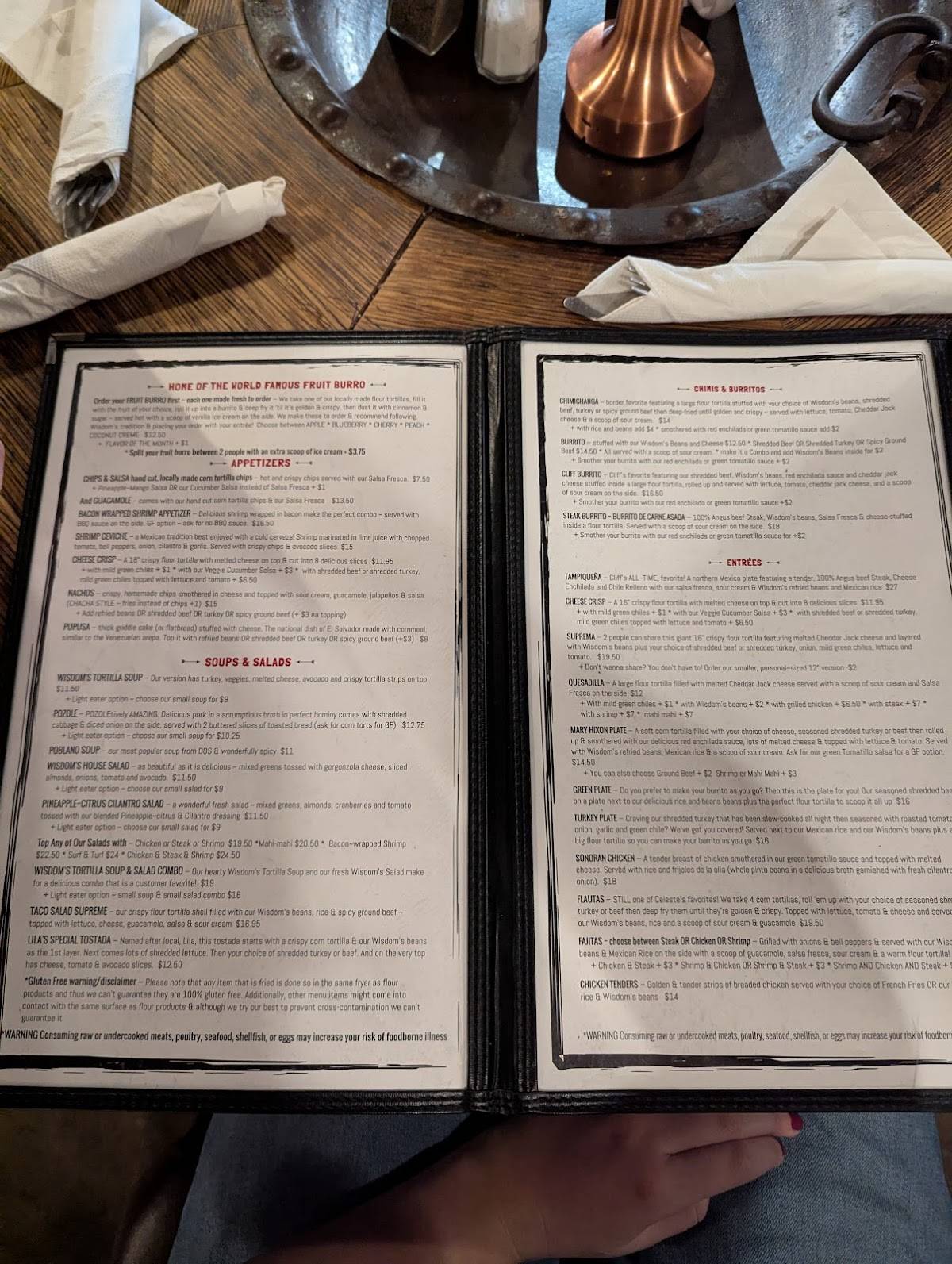 Menu at Wisdom's Cafe, Tumacacori-Carmen