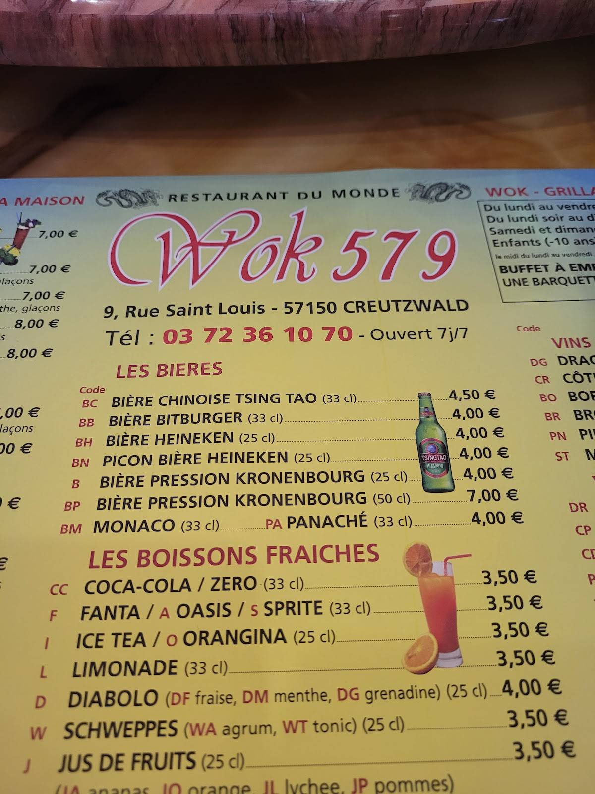 Menu au Wok 57 restaurant, Creutzwald