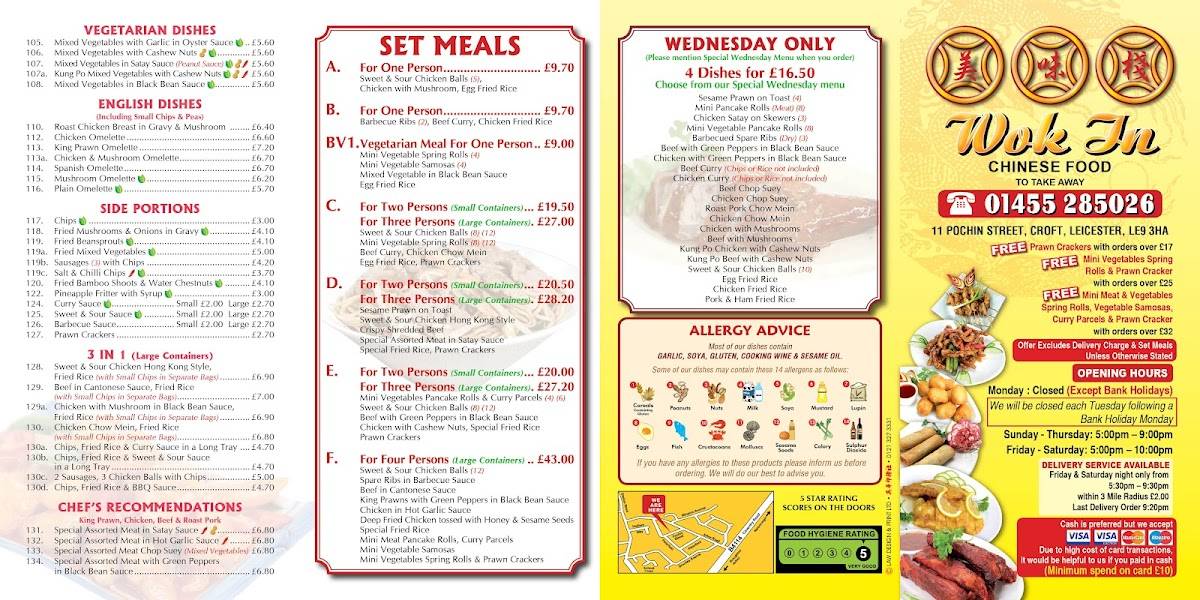 Menu at Wok In croft chinese take away restaurant, Leicester