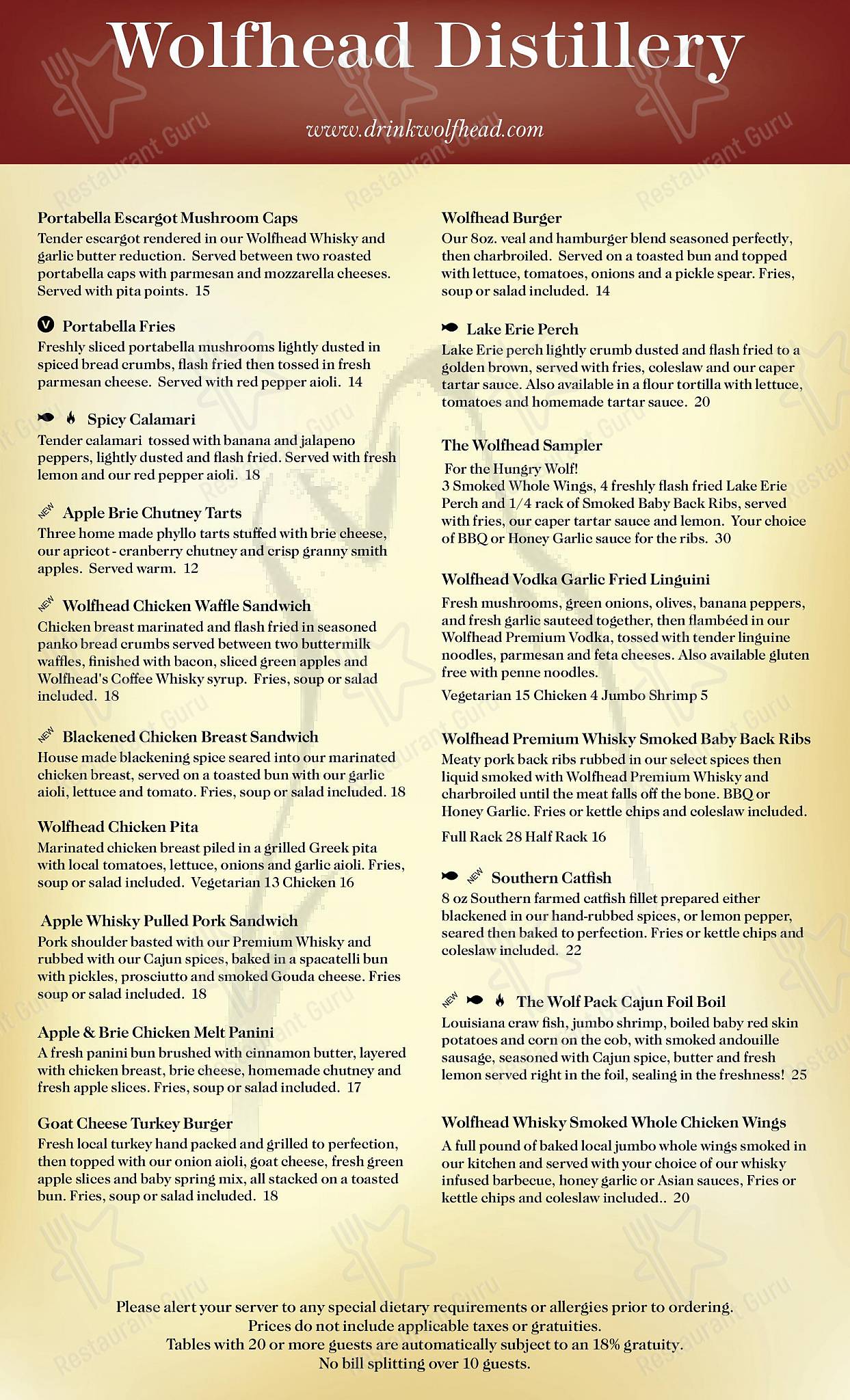 Menu at Wolfhead Distillery & Restaurant, Amherstburg