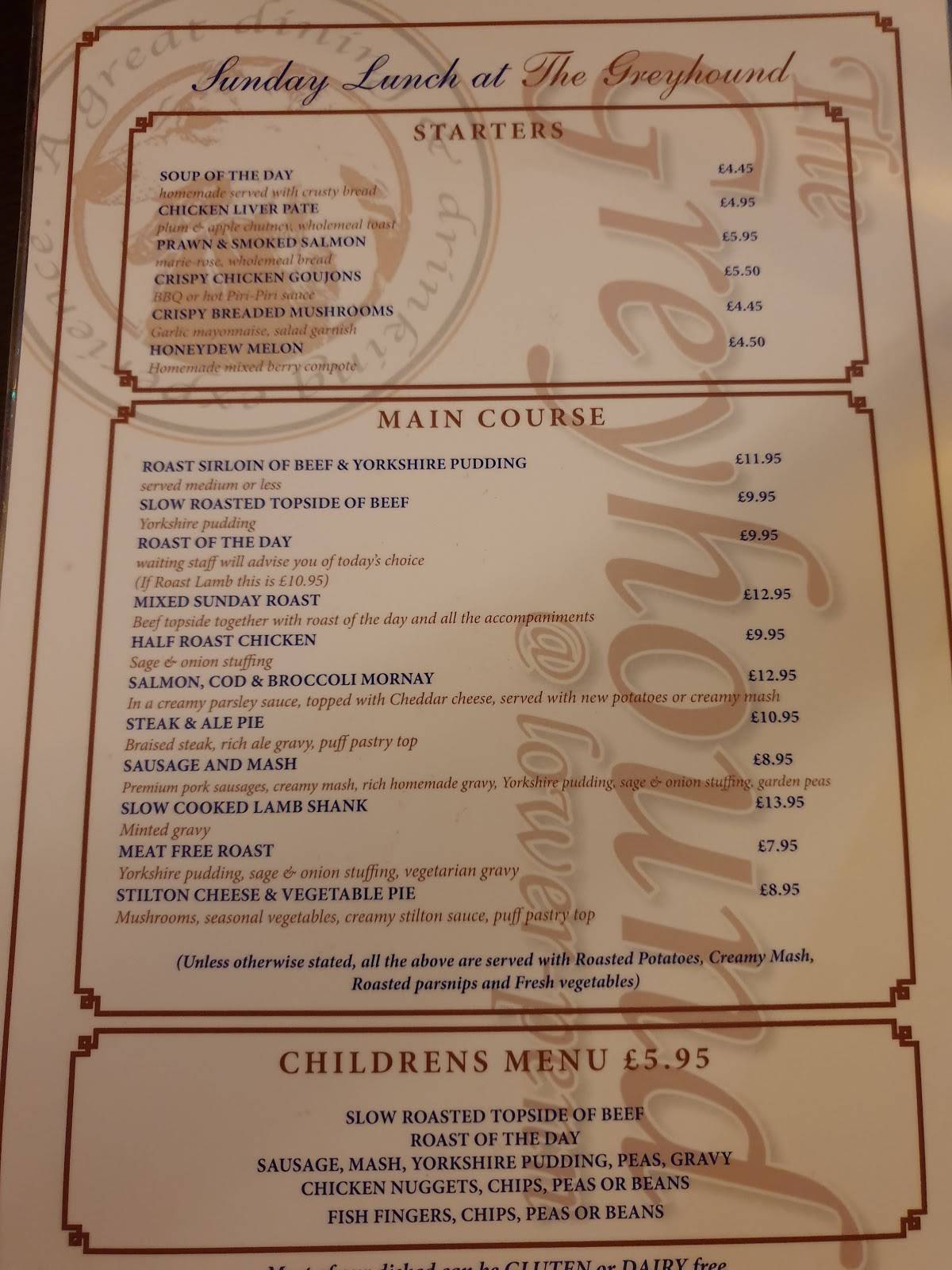 Menu at The Greyhound Inn pub & bar, Wolverhampton, The Greyhound