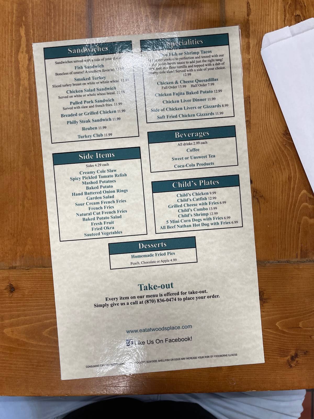 Menu at Woods Place restaurant, Camden
