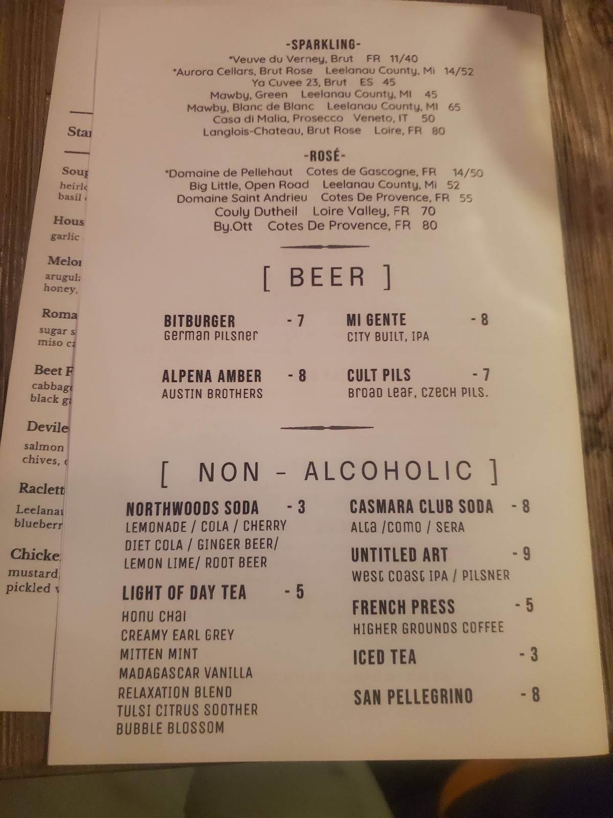 Menu at Wren restaurant, Suttons Bay