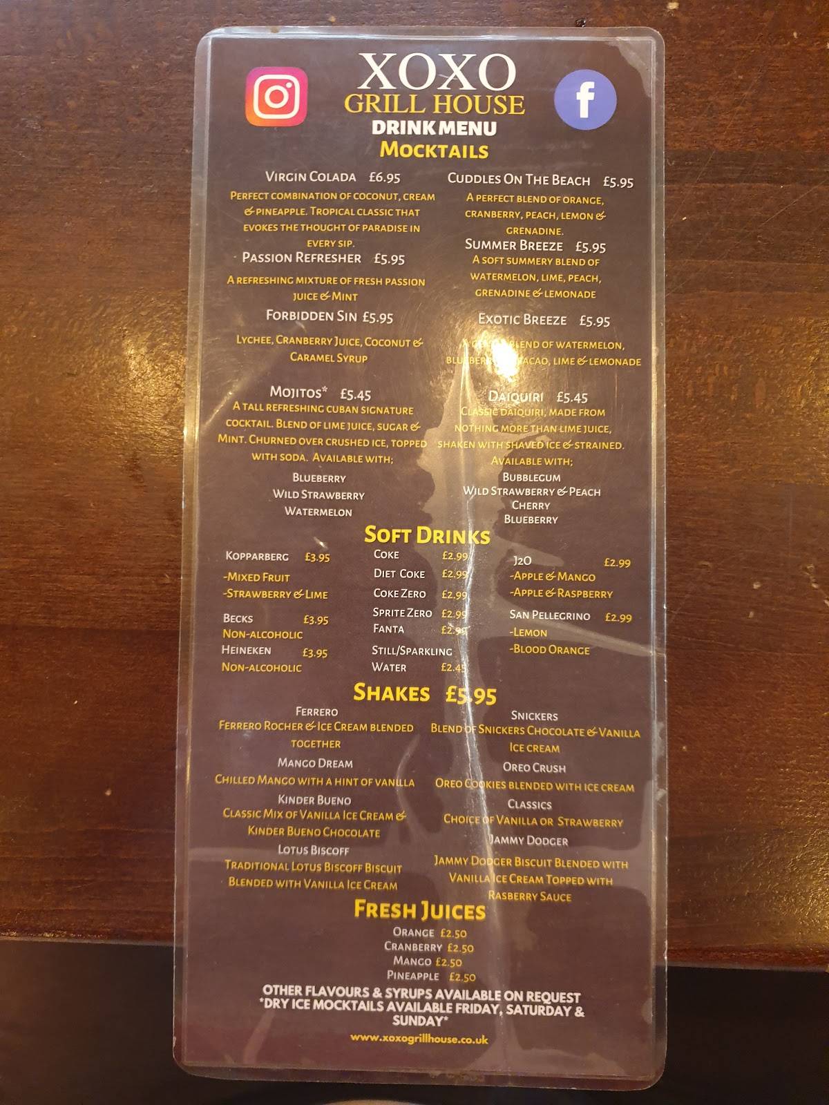 Menu at XOXO steakhouse, Peterborough