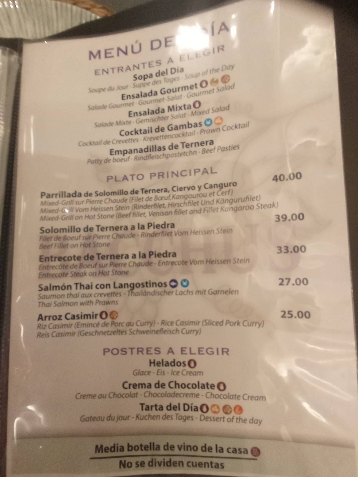 Menu at Bacchus restaurant, Xàbia, Travessera de les Cansalades