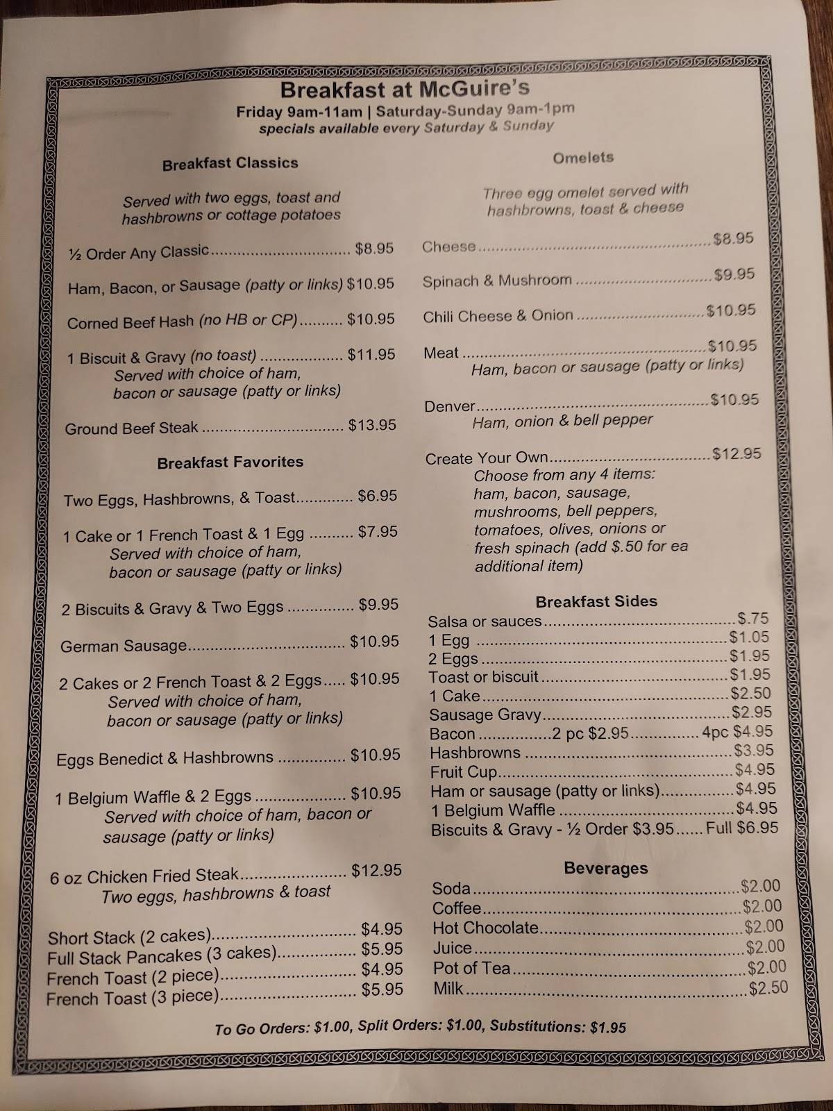 Menu at McGuire's Irish Restaurant And Pub, Yakima