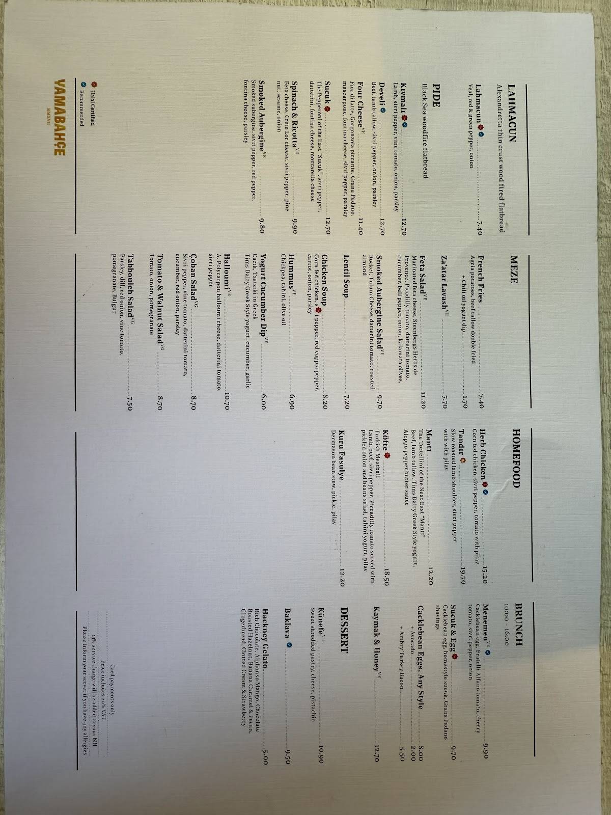 Menu at Yamabahçe restaurant, London, 26 James St