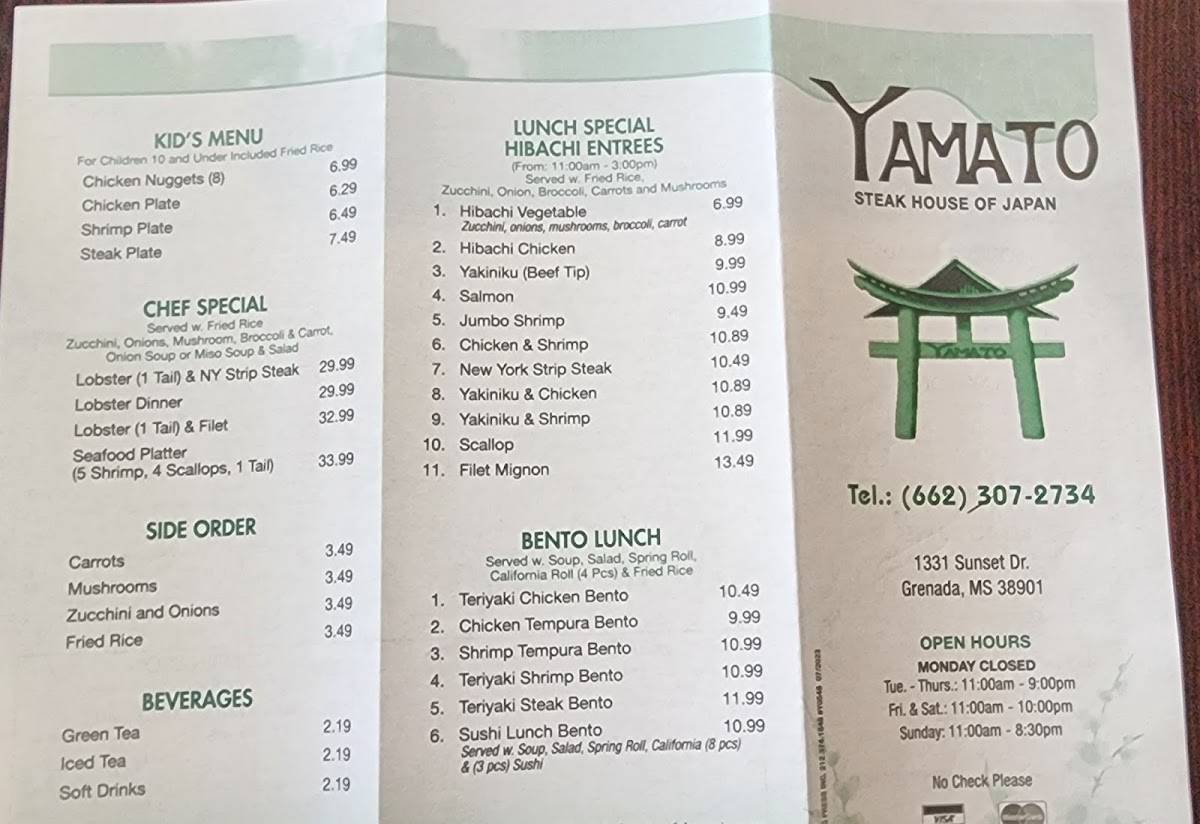 Menu at Yamato Steak House Of Japan restaurant, Grenada
