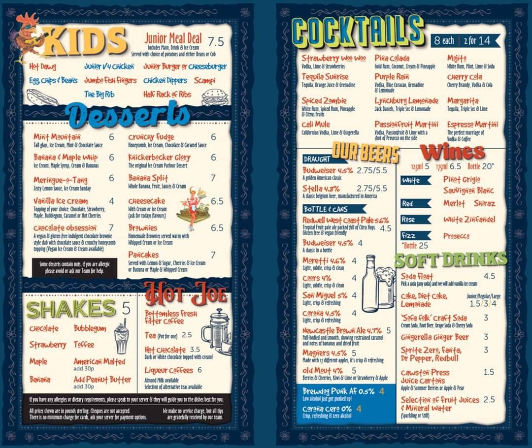 Menu at Zaks Yankee Traveller restaurant, Great Yarmouth
