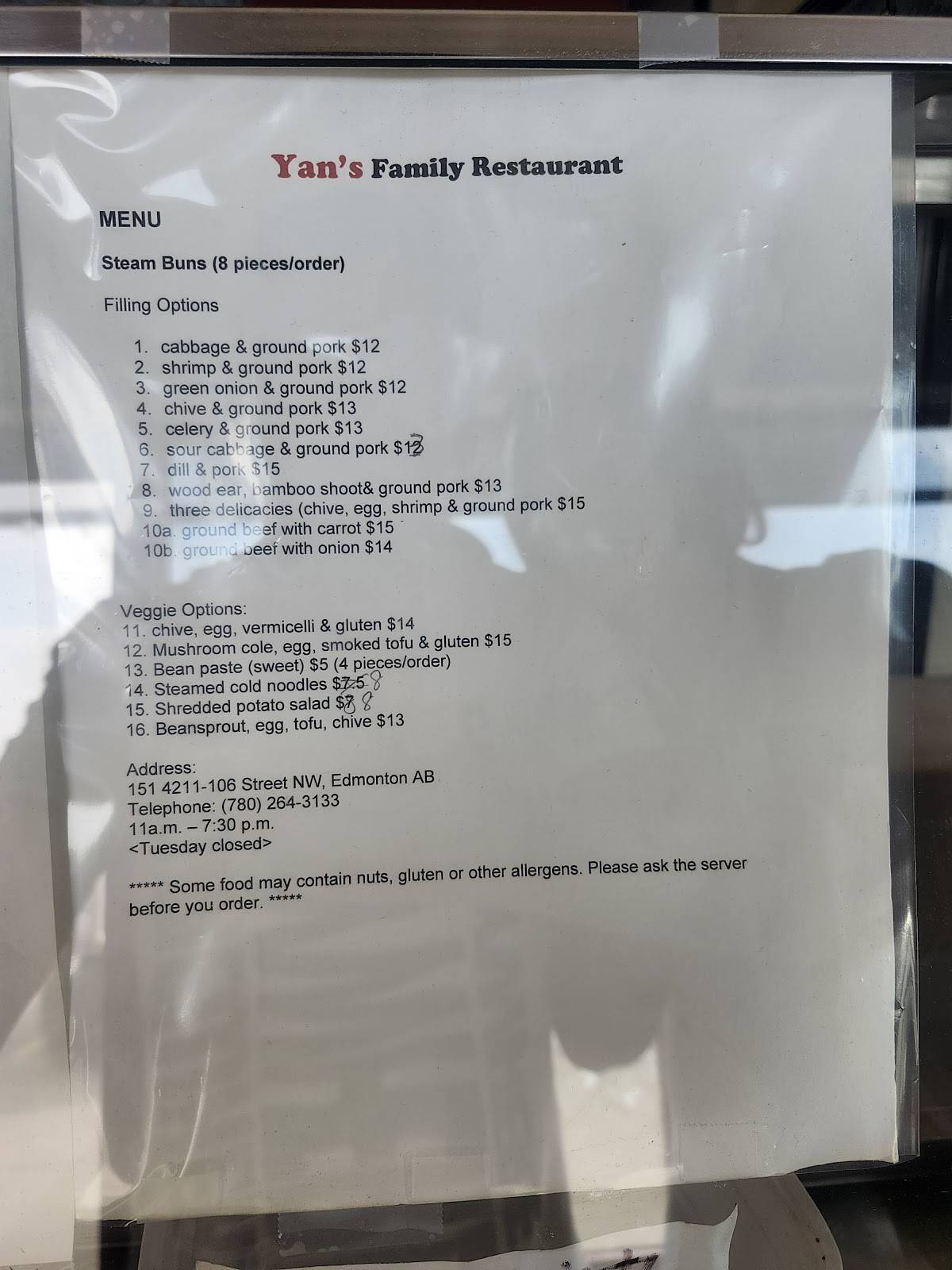 Menu at Yan's Family Restaurant, Edmonton