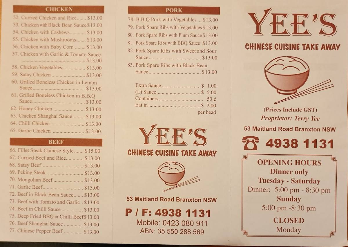 Menu at Yee's Chinese Cuisine fast food, Branxton