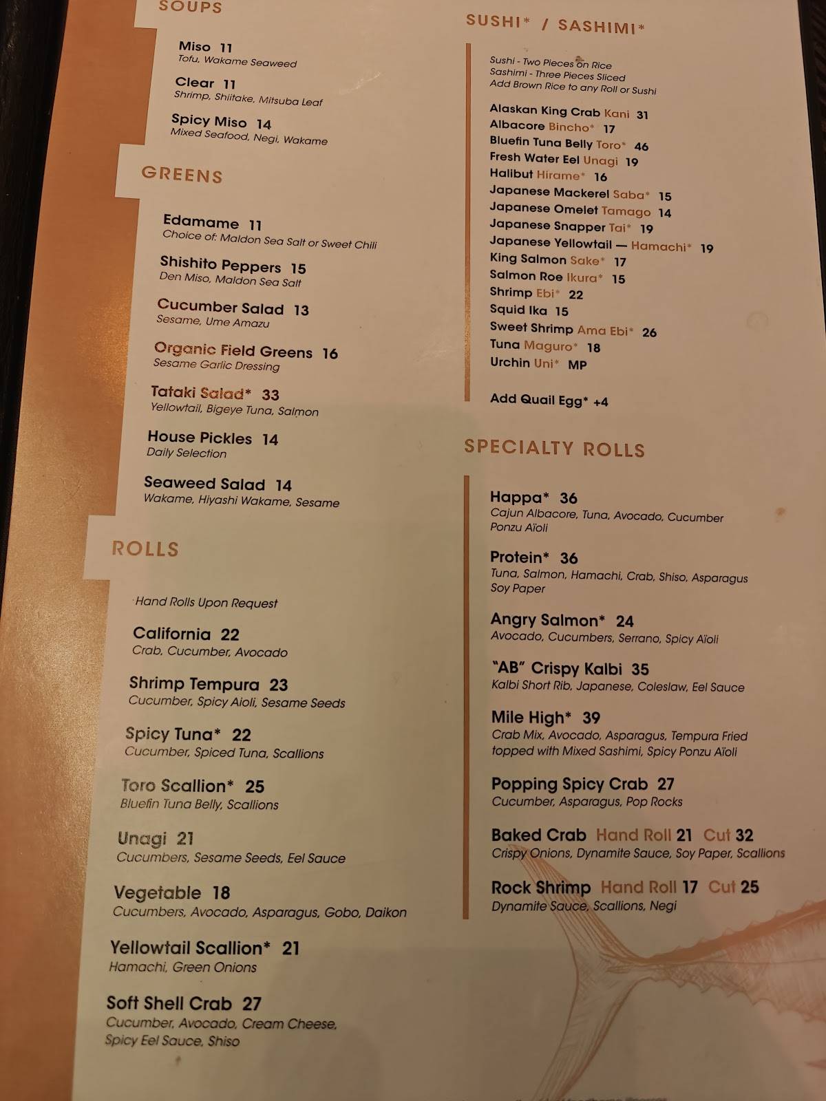 Menu at Yellowtail Japanese Restaurant & Lounge, Las Vegas