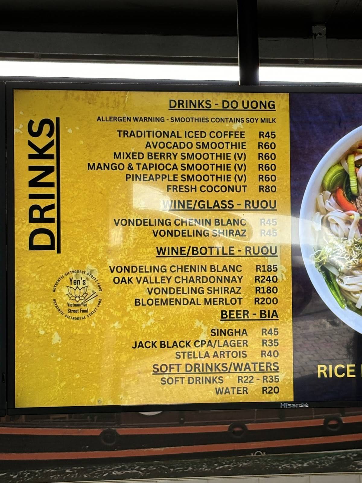Menu at Yen’s Vietnamese Street Food restaurant, Cape Town