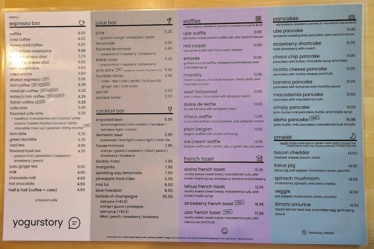 Menu at YogurStory restaurant, Honolulu, 745 Ke’eaumoku St