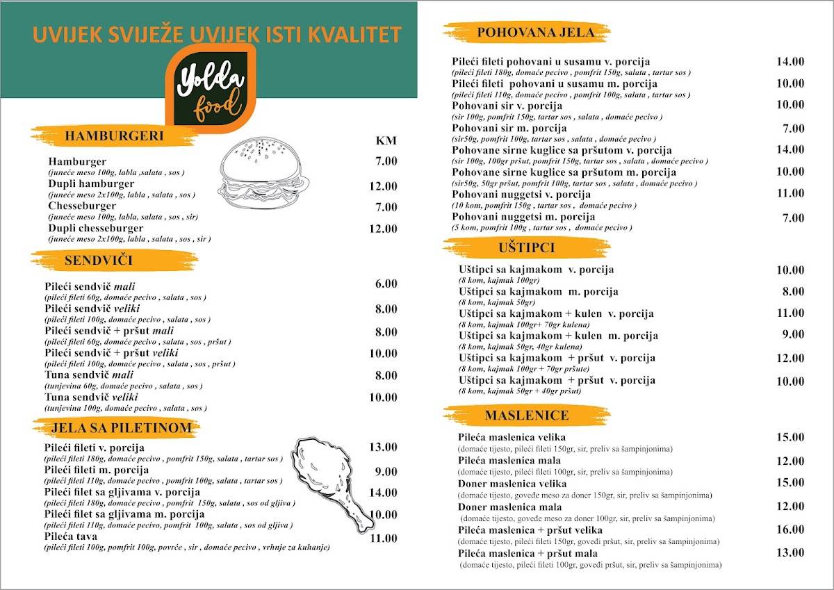 Menu at Yolda food restaurant, Sarajevo